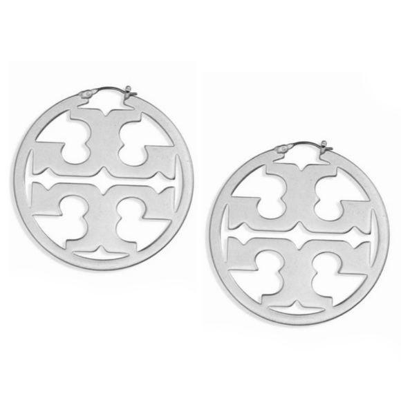 Tory Burch | Jewelry | Tory Burch Silver Miller Logo Hoop Earrings ...